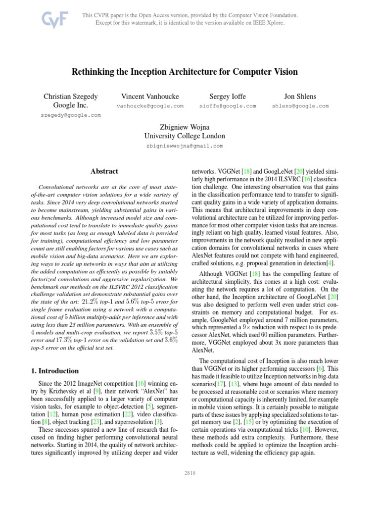 Szegedy Rethinking The Inception CVPR 2016 Paper PDF | PDF | Computer Vision | Cybernetics