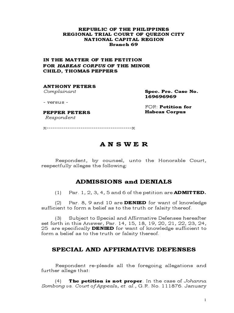 Sample Answer To Petition For Habeas Corpus | Download Free PDF | Child ...