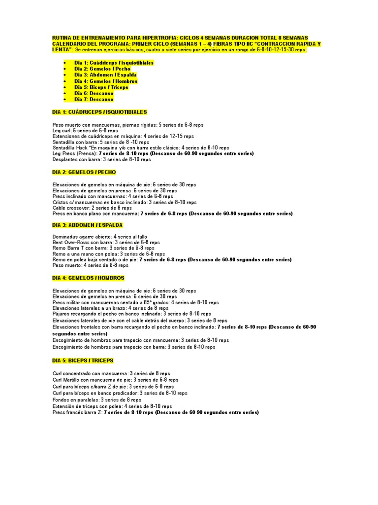 Rutina Elite FS7 Entrenamiento para Hipertrofia 8 Semanas Español | PDF ...
