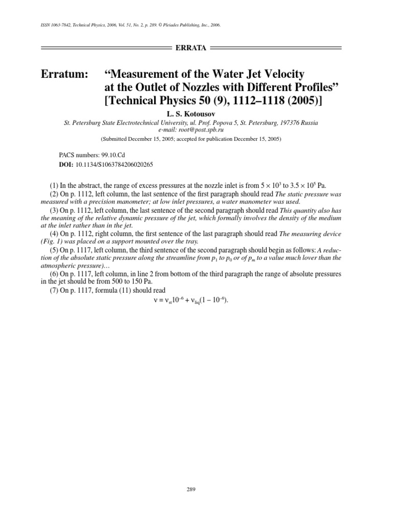 Erratum: "Measurement of The Water Jet Velocity at The Outlet of ...