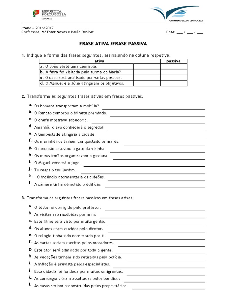 Atividade sobre Frases Ativas e Passivas | PDF