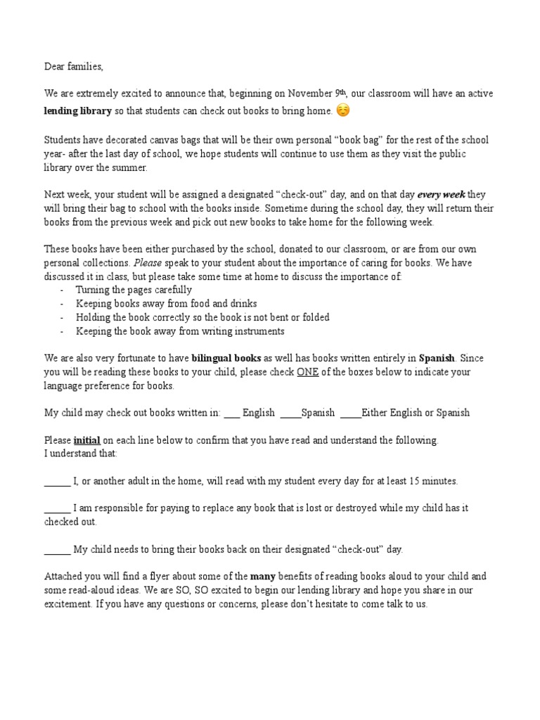 Lending Library Introduction Letter To Families | PDF | Books | Semiotics
