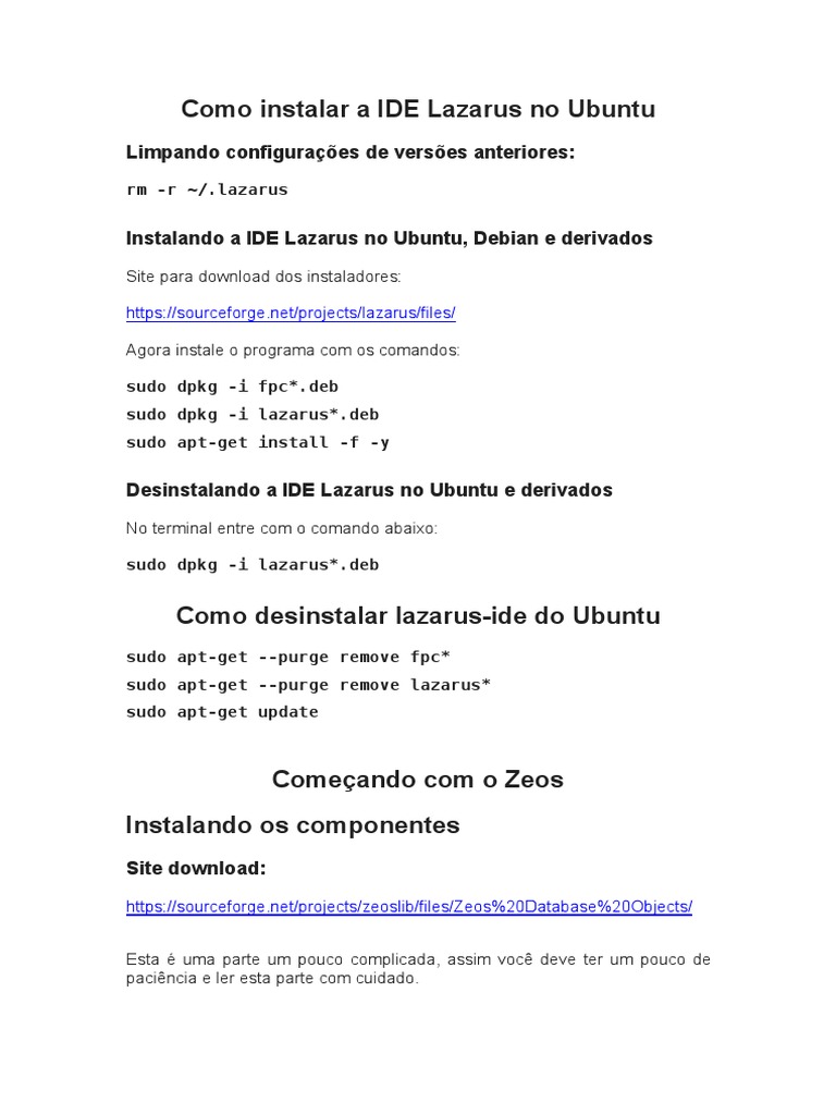 Instalar - Desinstalar - IDE - Lazarus - No Ubuntu - + - ZEOSLIB | PDF
