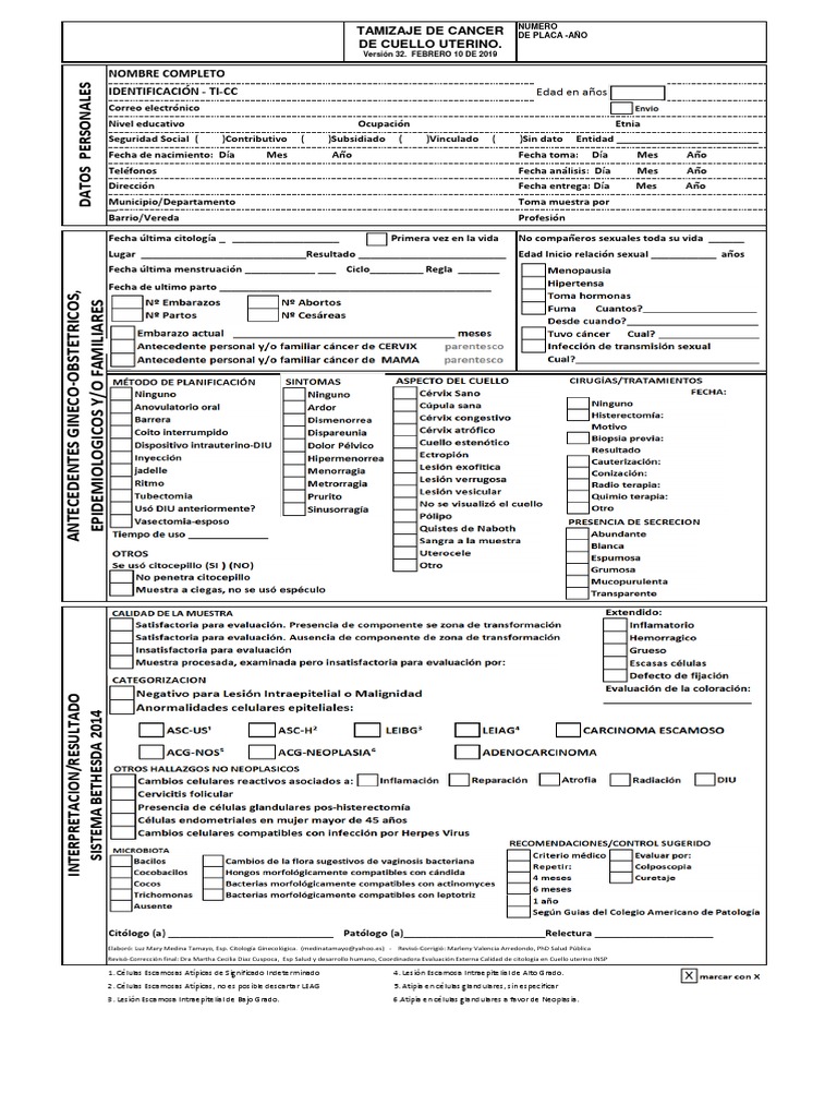 FORMATO TOMA MUESTRAS CITOLOGIA Versión 32-2019 .pdf | Parto | Cáncer