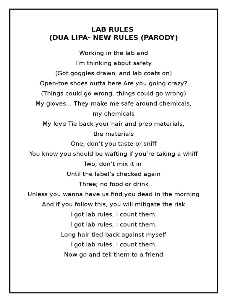 Safety First: A Parody of Dua Lipa's 'New Rules' Outlining Key Lab ...