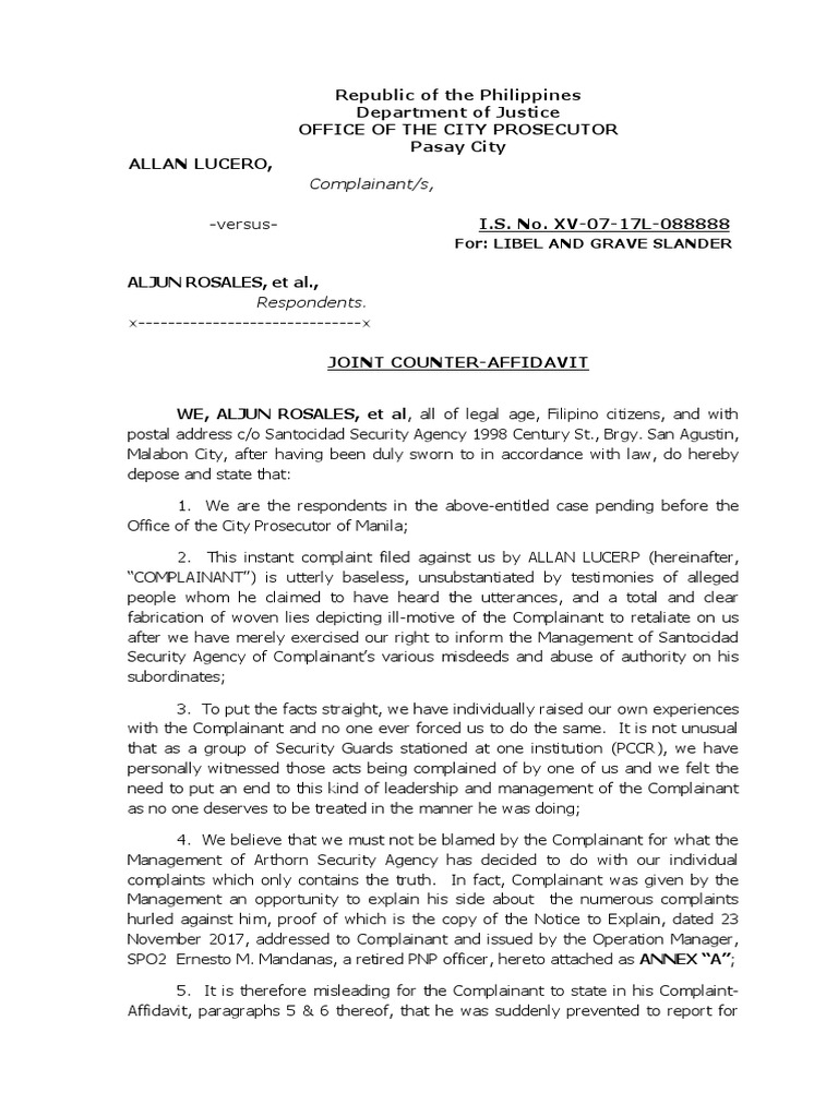 Joint Counter Affidavit | PDF | Defamation | Common Law