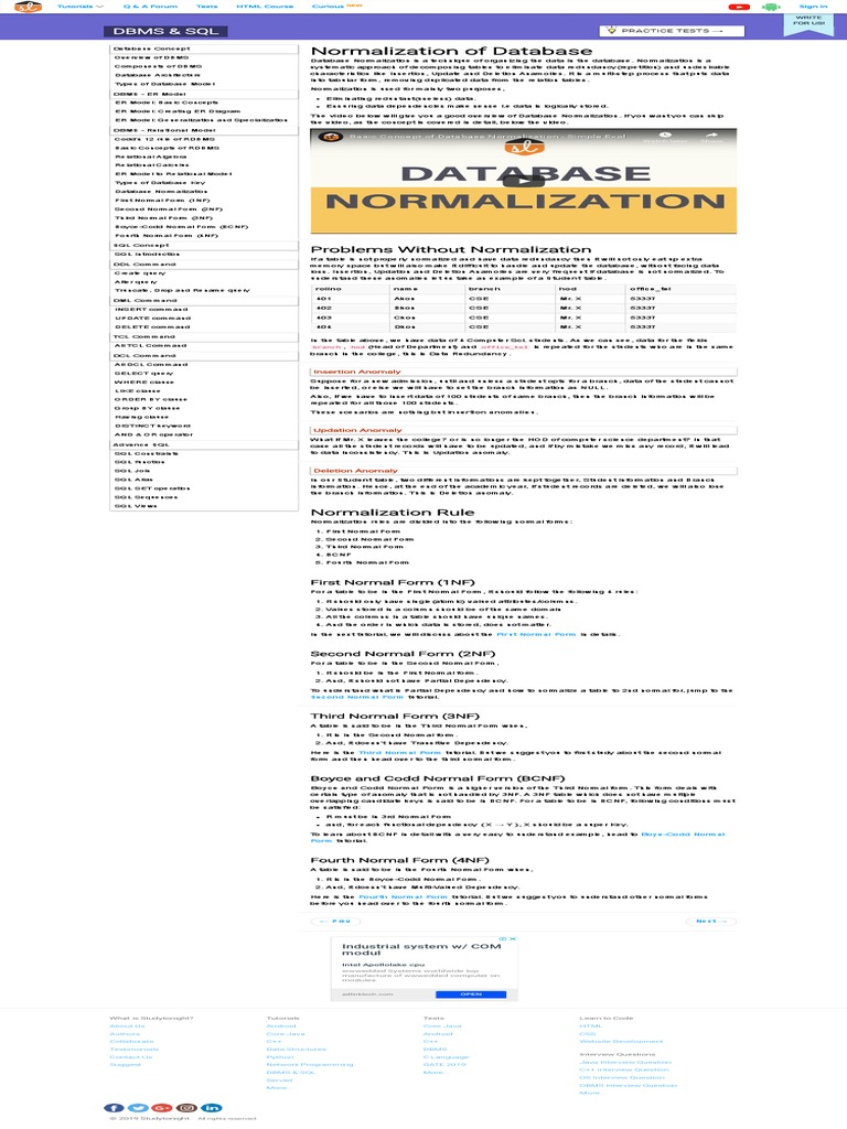 1NF, 2NF, 3NF and BCNF in Database Normalization - Studytonight | PDF | Relational Model | Databases