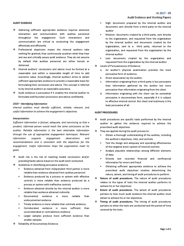 IA 2017 09 Aduit Evidence Working Papers | PDF | Internal Audit | Audit