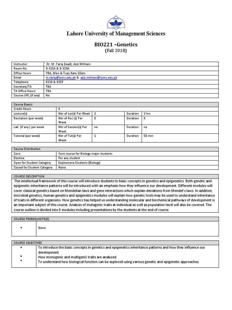 BIO 221 Genetics M .Tariq Aziz Mithani | PDF | Heredity | Genetics