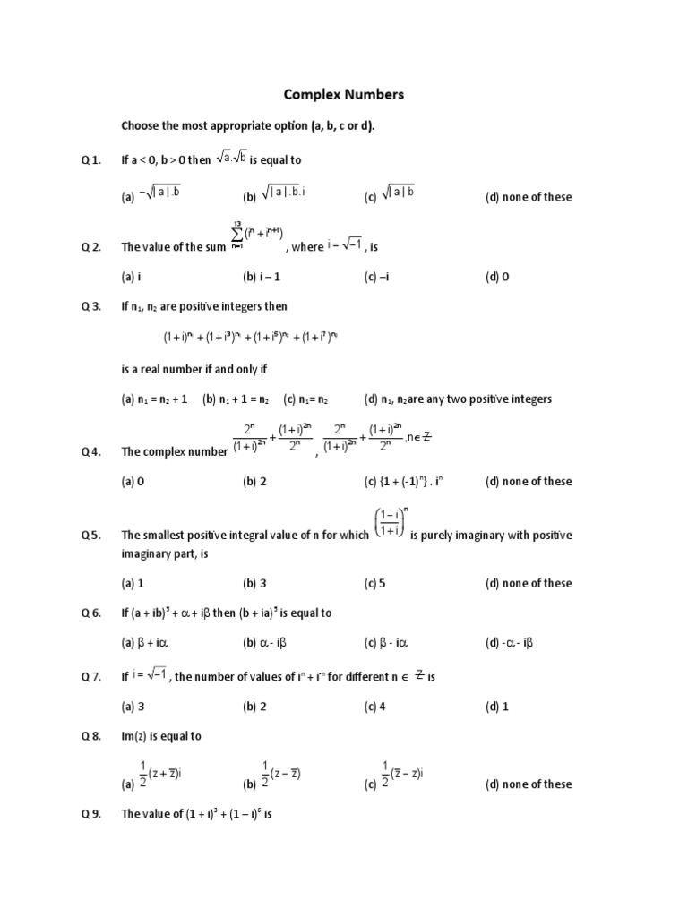 Complex Numbers: Choose The Most Appropriate Option (A, B, C or D ...