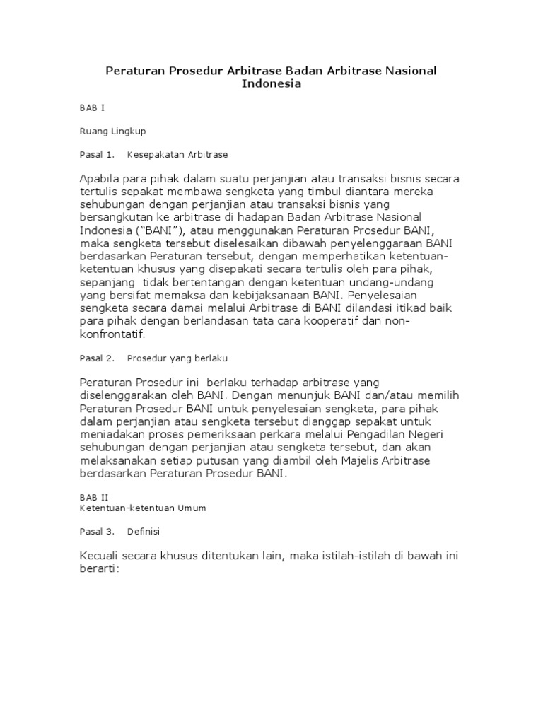 Peraturan Prosedur Arbitrase Badan Arbitrase Nasional Indonesia | PDF