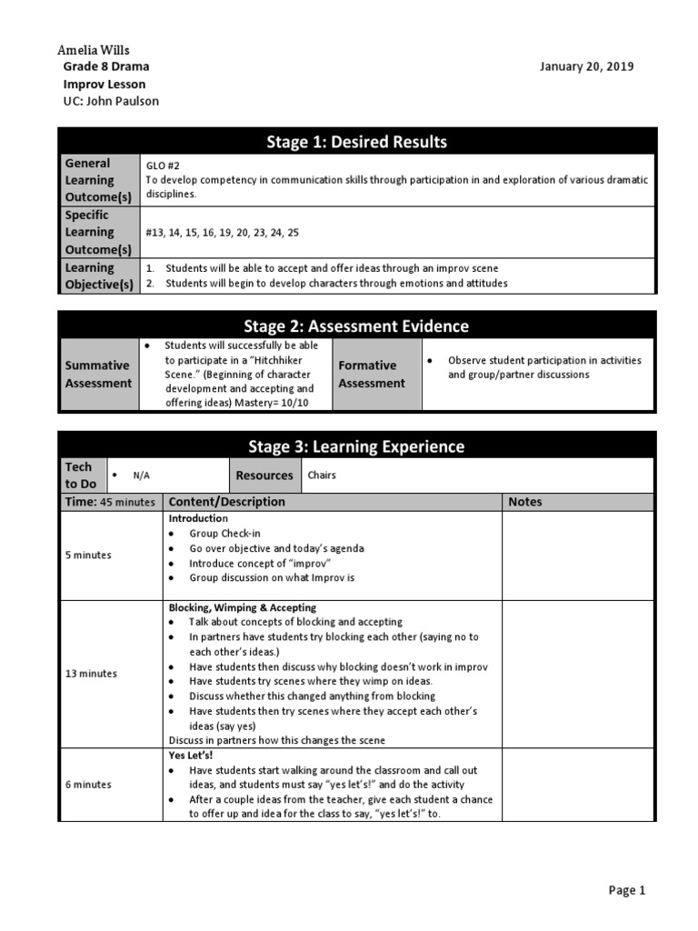 Improv Lesson Plan | PDF | Improvisational Theatre | Learning