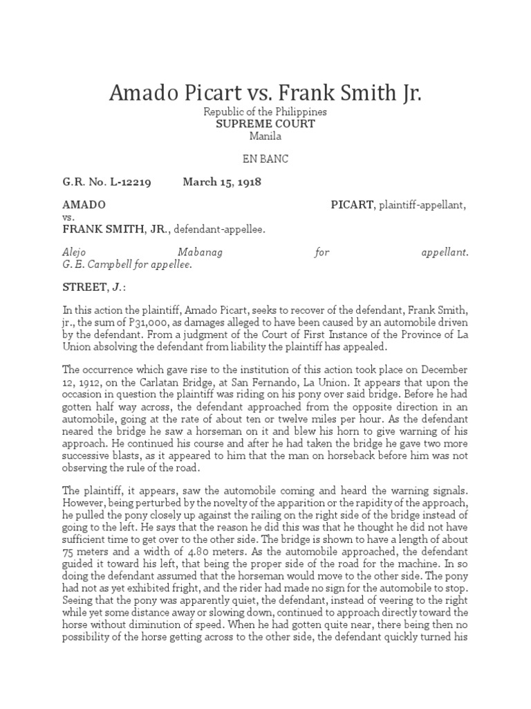 Amado Picart vs. Frank Smith JR.: Supreme Court | PDF | Contributory ...