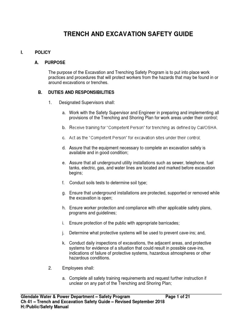 Trench and Excavation Safety Guide: I. Policy A. Purpose | PDF | Soil ...