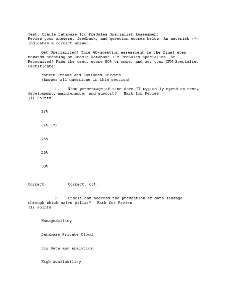 Test Oracle Database 12c Presales Specialist Assessment Review Pdf Pdf Oracle Database