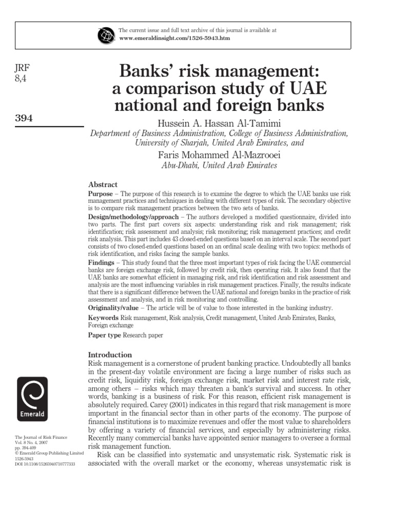 Banks' Risk Management: A Comparison Study of UAE National and Foreign ...