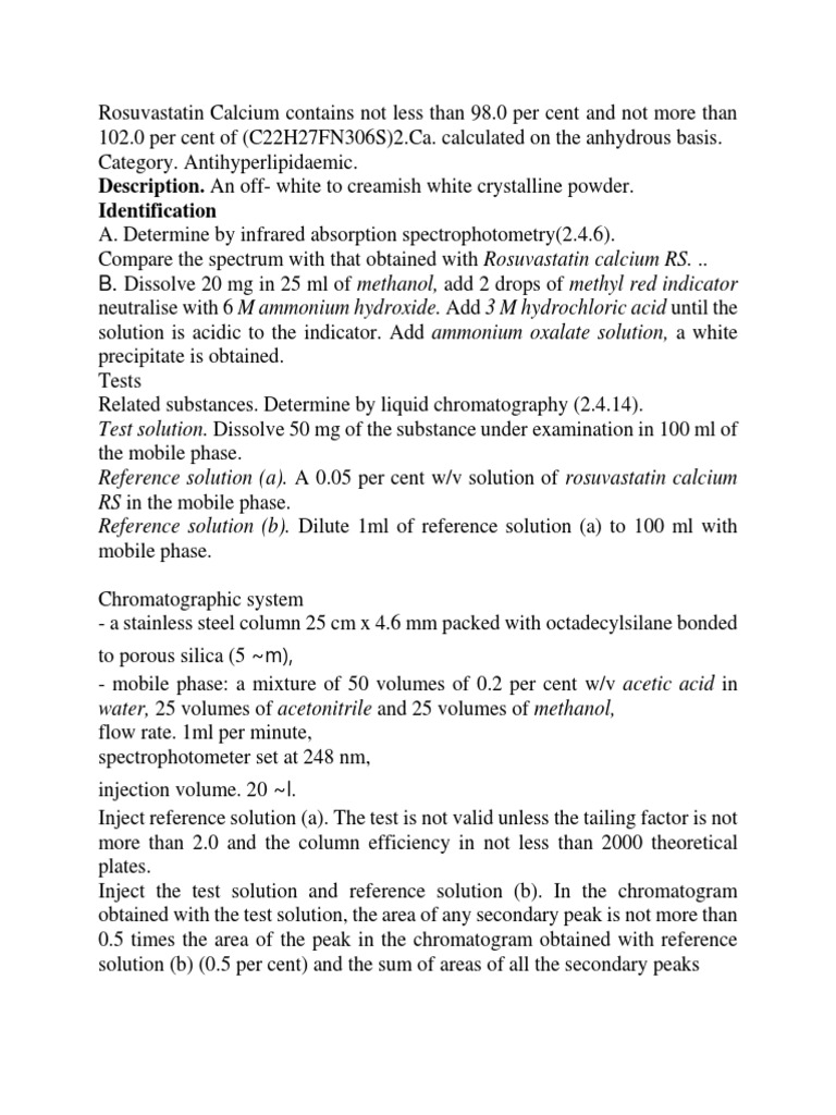 Rosuvastatin IP Monograph | PDF | Chromatography | High Performance ...