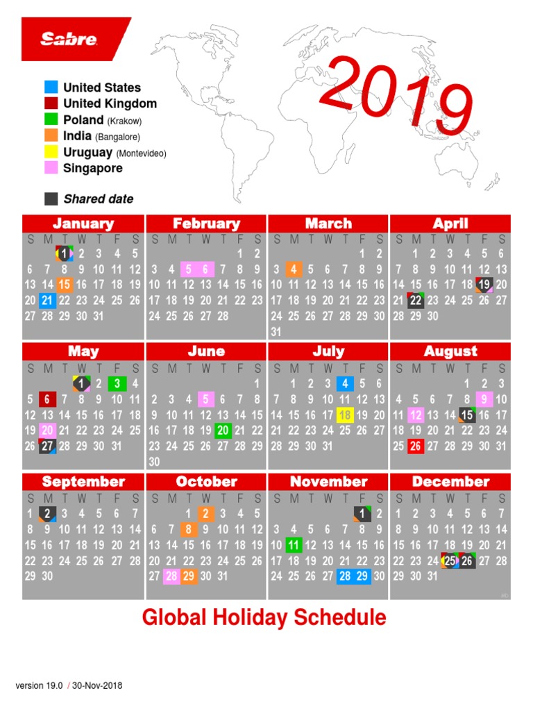2019 Sabre Global Holiday Wall Calendar | PDF | Public Holiday ...