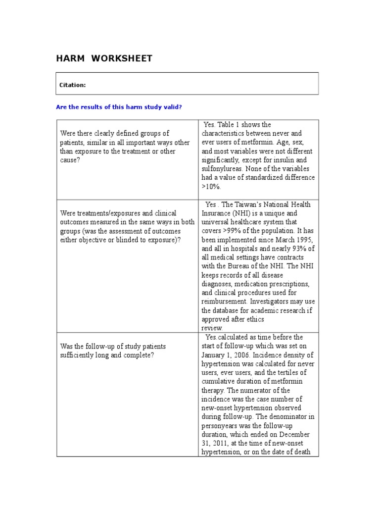 Harm Worksheet: Citation | Download Free PDF | Cohort Study | Hypertension