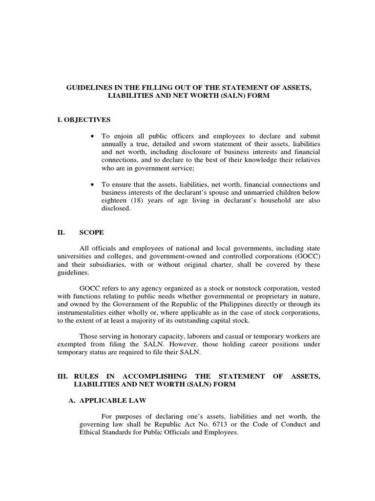 Guidelines in The Filling Out of The Statement of Assets, Liabilities ...