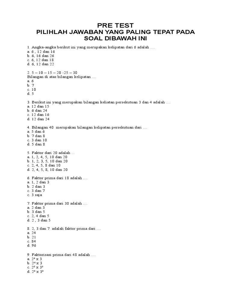 Pre Test MTK | PDF | Olahraga & Rekreasi | Memasak, Makanan, & Anggur