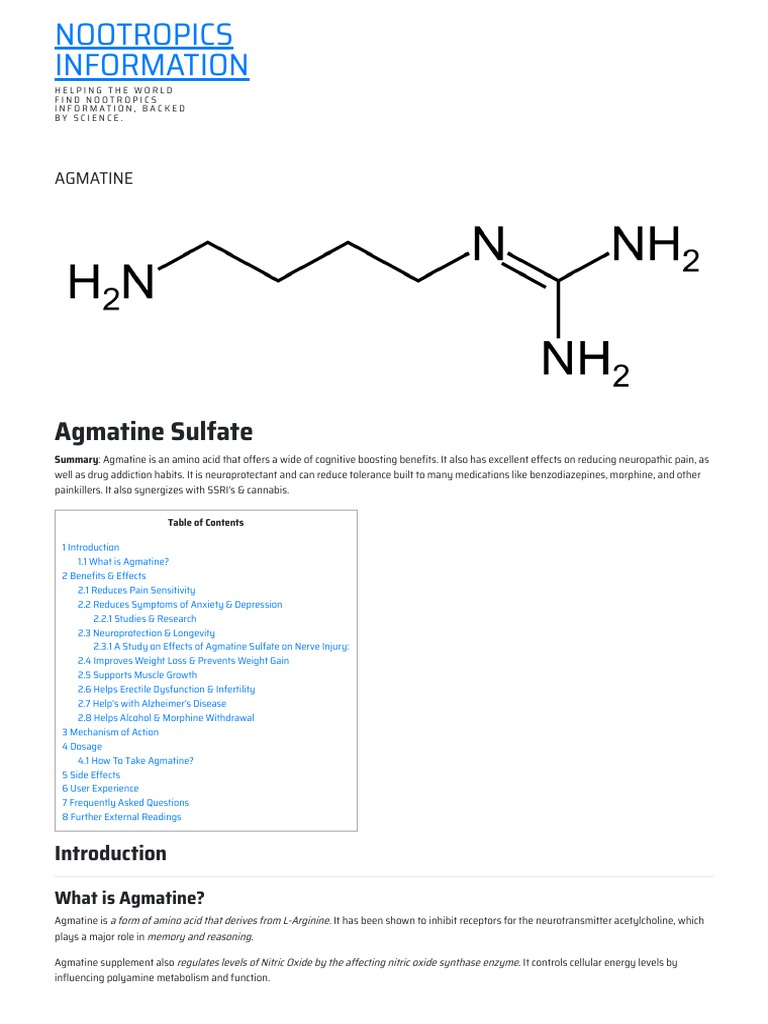 In-Depth Nootropic Review of Agmatine Sulfate | PDF | Arginine | Major Depressive Disorder