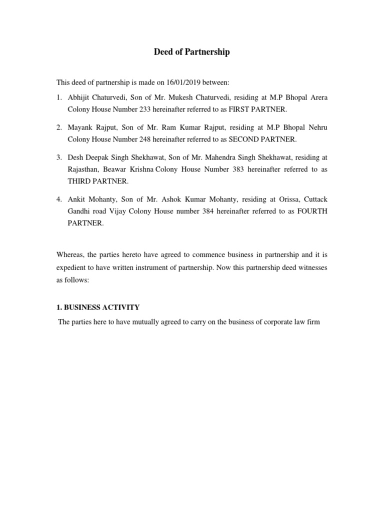 Partnership Deed Format | PDF | Partnership | Credit