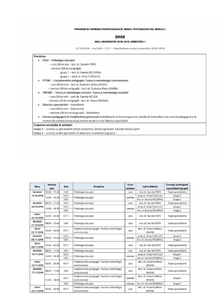 Orar Modul Psihopedagogic | PDF
