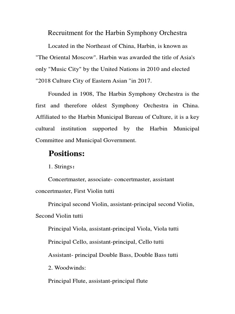 Positions:: Recruitment For The Harbin Symphony Orchestra | PDF ...