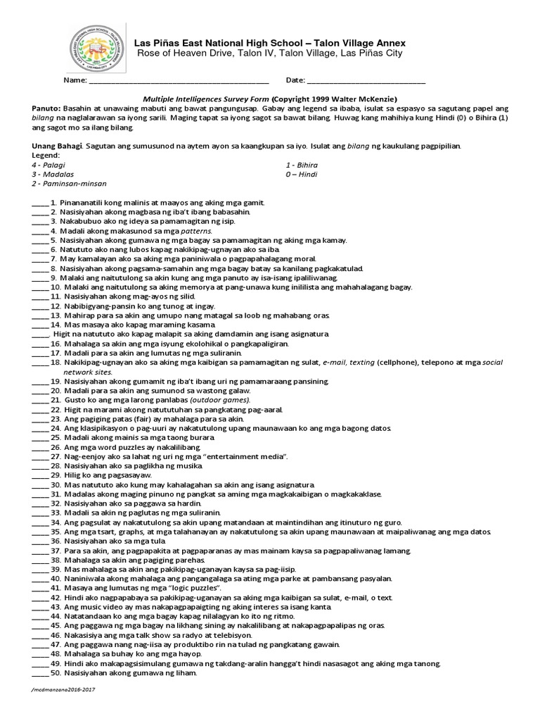 Multiple Intelligence Survey Form | PDF