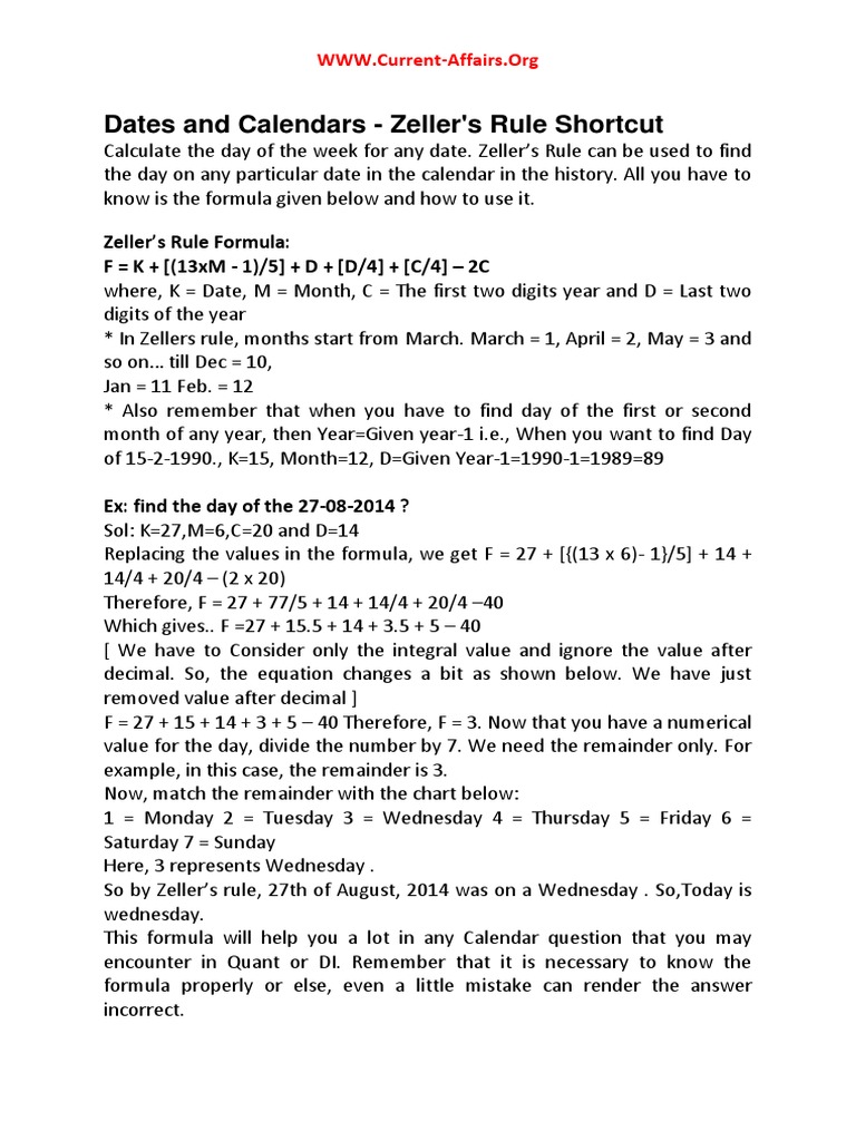Dates and Calendars - Zeller's Rule Shortcut | PDF | Teaching Mathematics