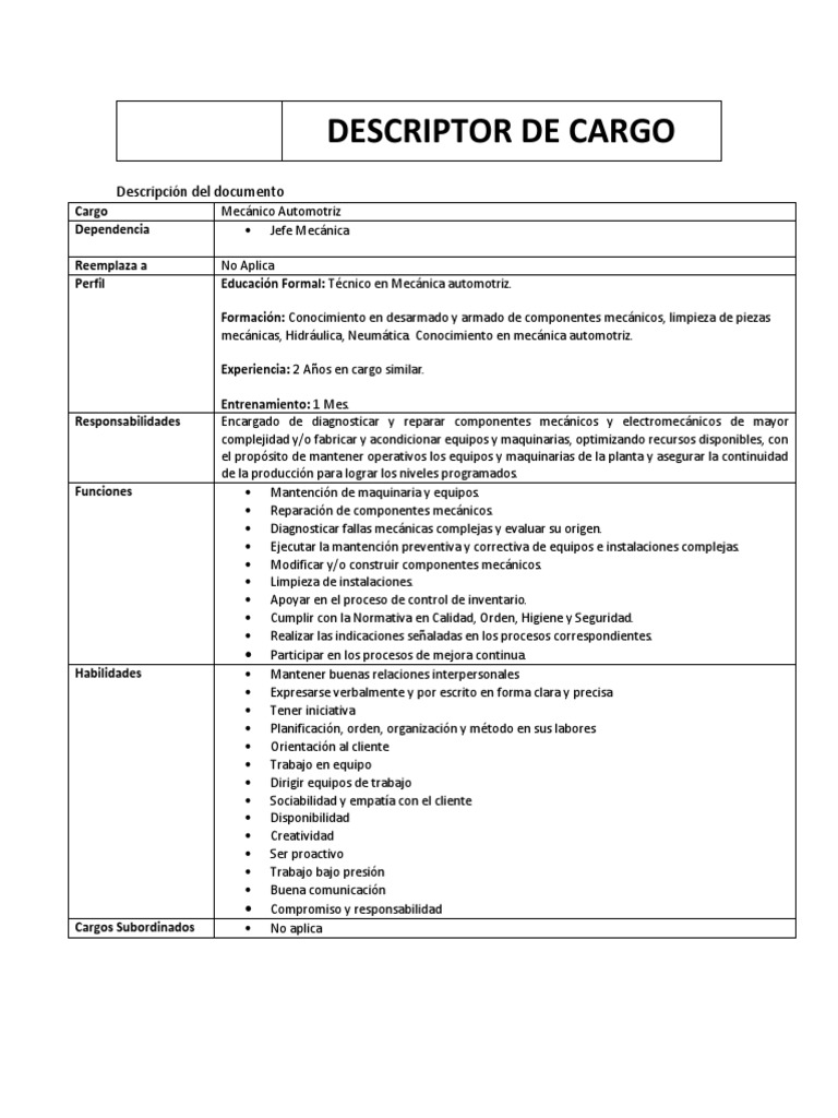 Descriptor De Cargo: Descripción del documento | Tecnología | Fabricación e ingeniería | Prueba ...