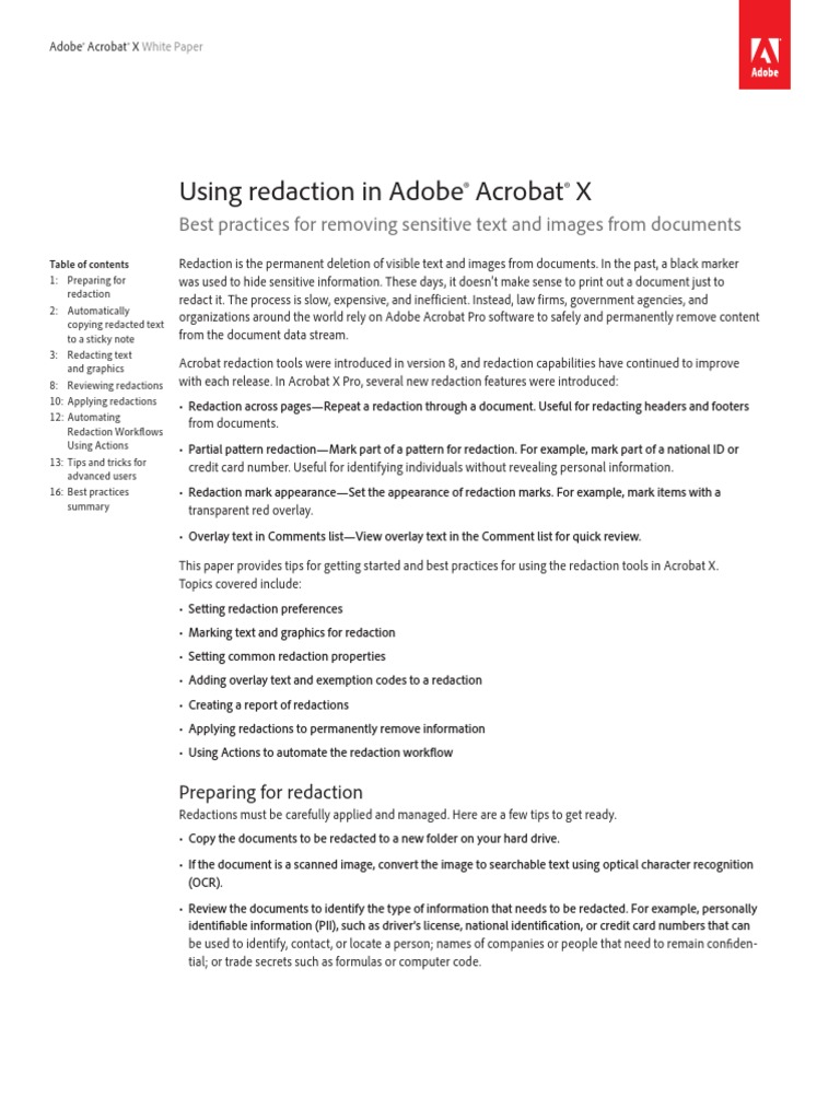Using Redaction in Adobe Acrobat X White Paper PDF | PDF | Sanitization ...
