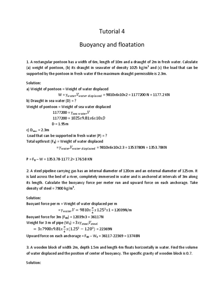 4 - Buoyancy and Floatation - Tutorial Solution PDF | PDF | Buoyancy | Physical Quantities