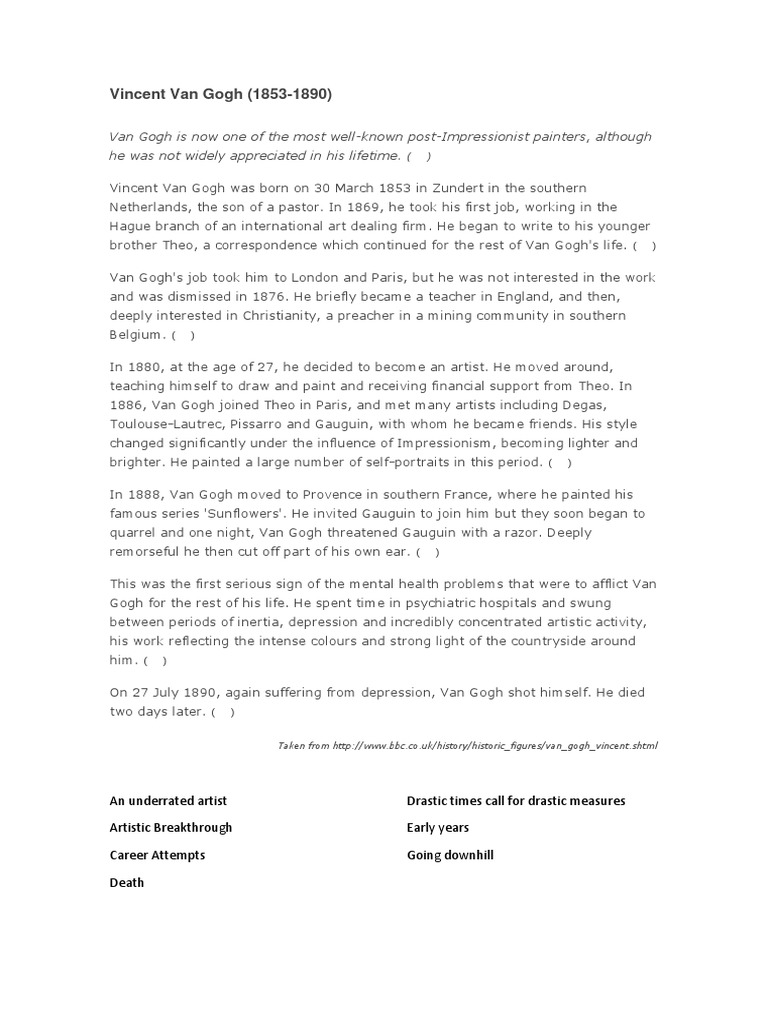 Worksheet Biography Van Gogh | PDF | Vincent Van Gogh | Plastic Arts