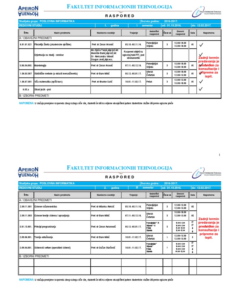FIT - Raspored Predavanja NEPARNI SEMESTRI-16-17-final | PDF