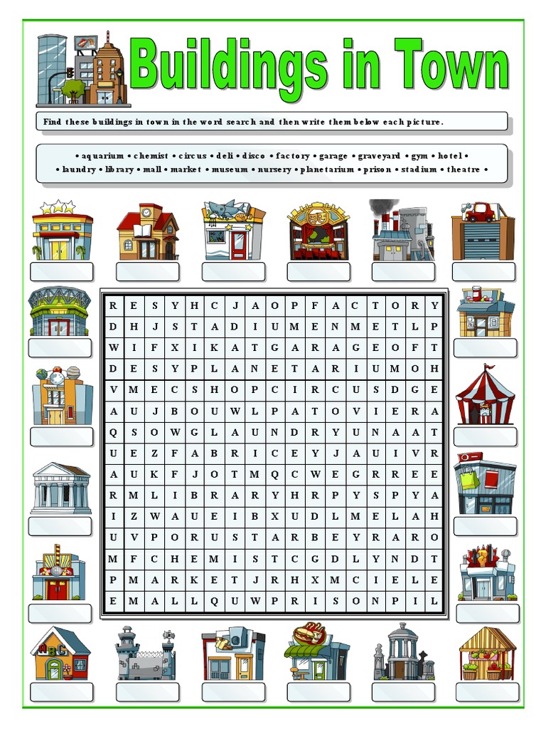 Town Buildings Word Search Activity | PDF