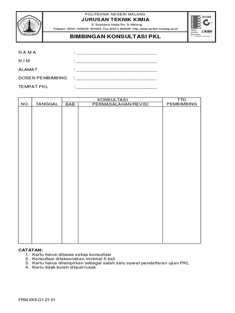 Contoh Formulir Untuk PKL | PDF