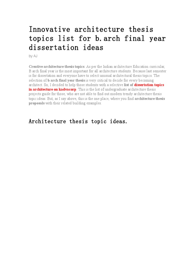 Innovative Architecture Thesis Topics List For B.arch Final Year ...