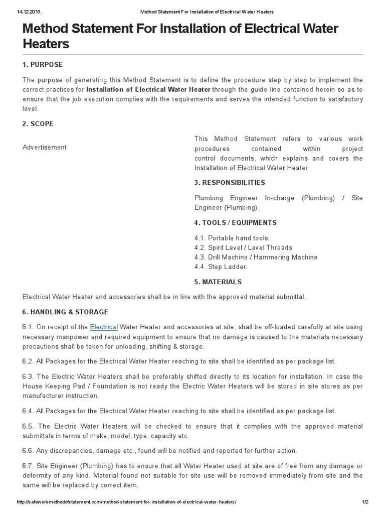 Method Statement for Installation of Electrical Water Heaters.pdf | Hvac | Water Heating