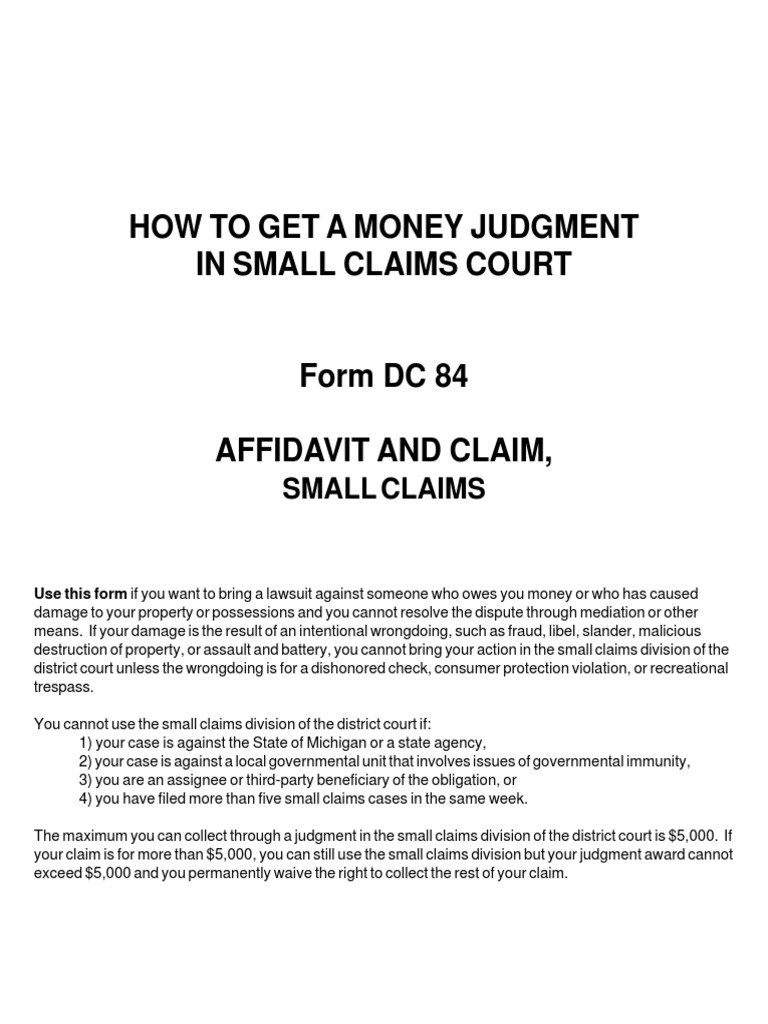 Affidavit Claim Small Claims DC84 PDF | PDF | Service Of Process | Lawsuit