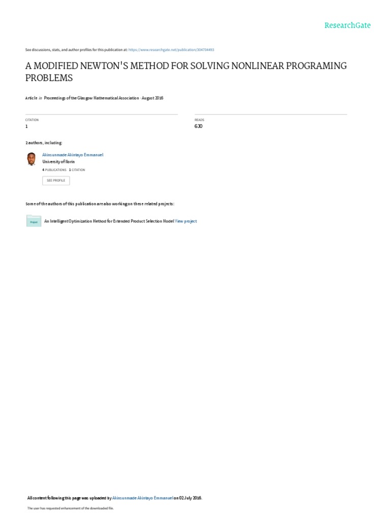 A Modified Newton's Method For Solving Nonlinear Programing Problems | PDF | Mathematical ...