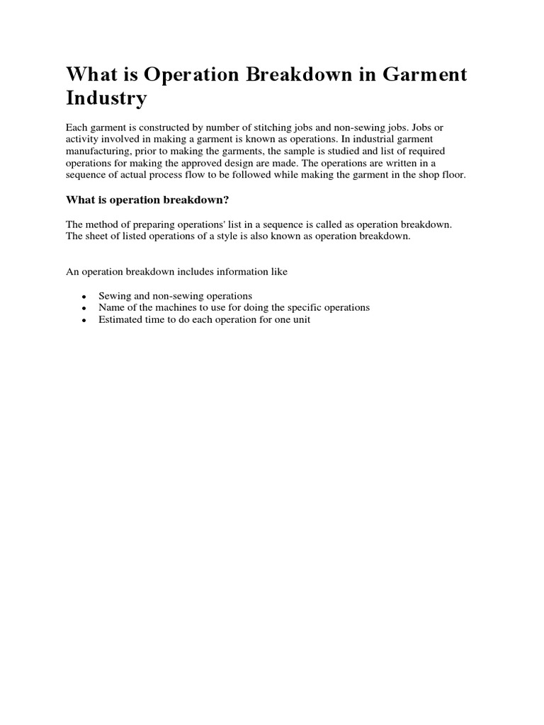 Operation Breakdown & Operation Bullettin of Various Styles of Garments ...