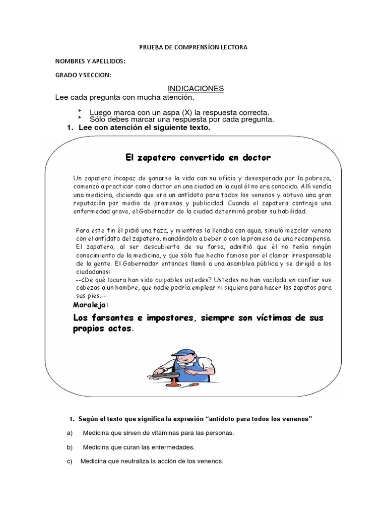 Prueba de Comprensíon Lectora | Descargar gratis PDF | Bienestar | Medicina