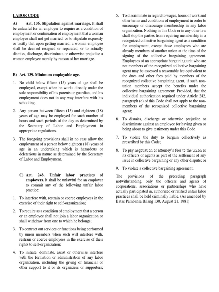 Labor Code A) Art. 136. Stipulation Against Marriage. It Shall | PDF ...