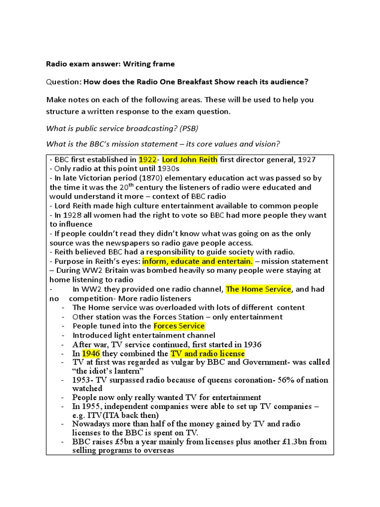 Radio Broadcasting - Exam Question Research Writing Frame PDF | PDF ...
