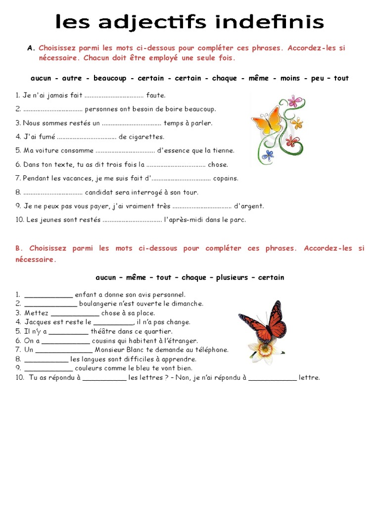 Exercices sur les adjectifs indéfinis | PDF | Arts du langage et ...