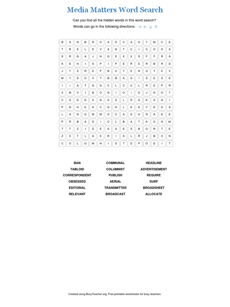 Media Matters Word Search | PDF | Newspapers | Newspaper Publishing