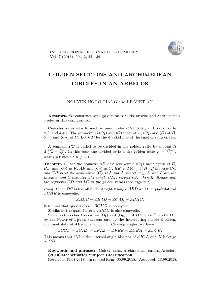 Golden Sections and Archimedean Circles in An Arbelos | PDF | Perpendicular | Circle
