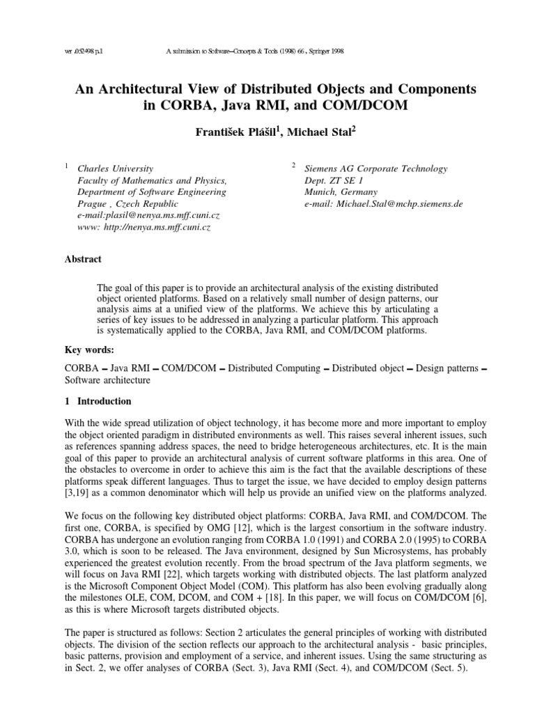 An Architectural View Of Distributed Objects And Components In Corba Java Rmi And Com Dcom